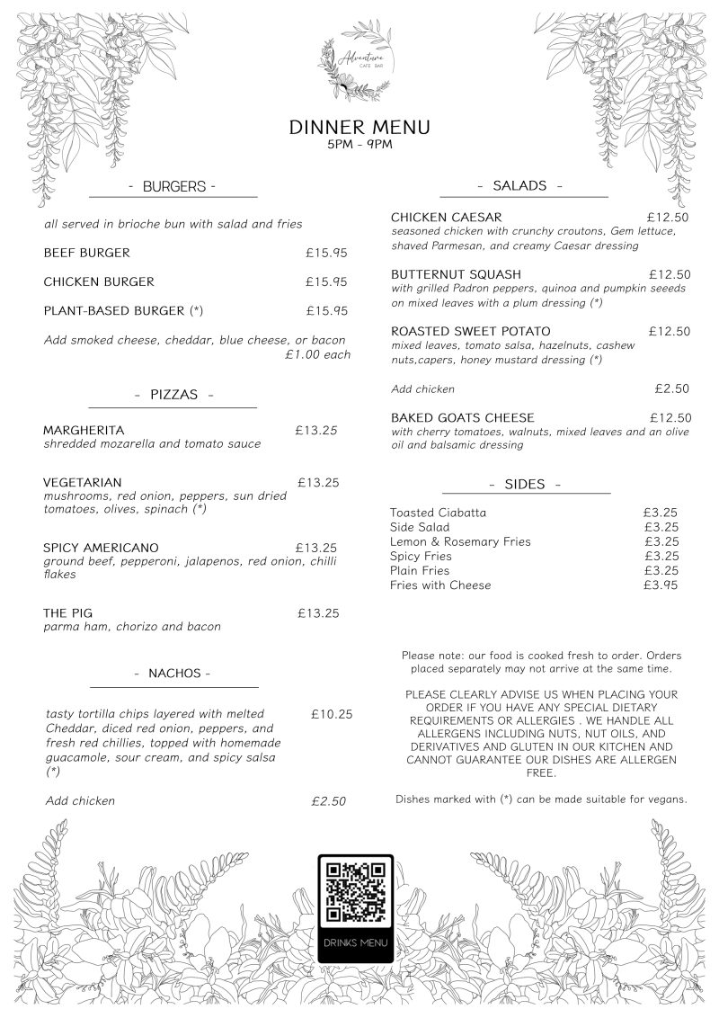 Dinner Menu - Adventure Cafe Bar, Bath